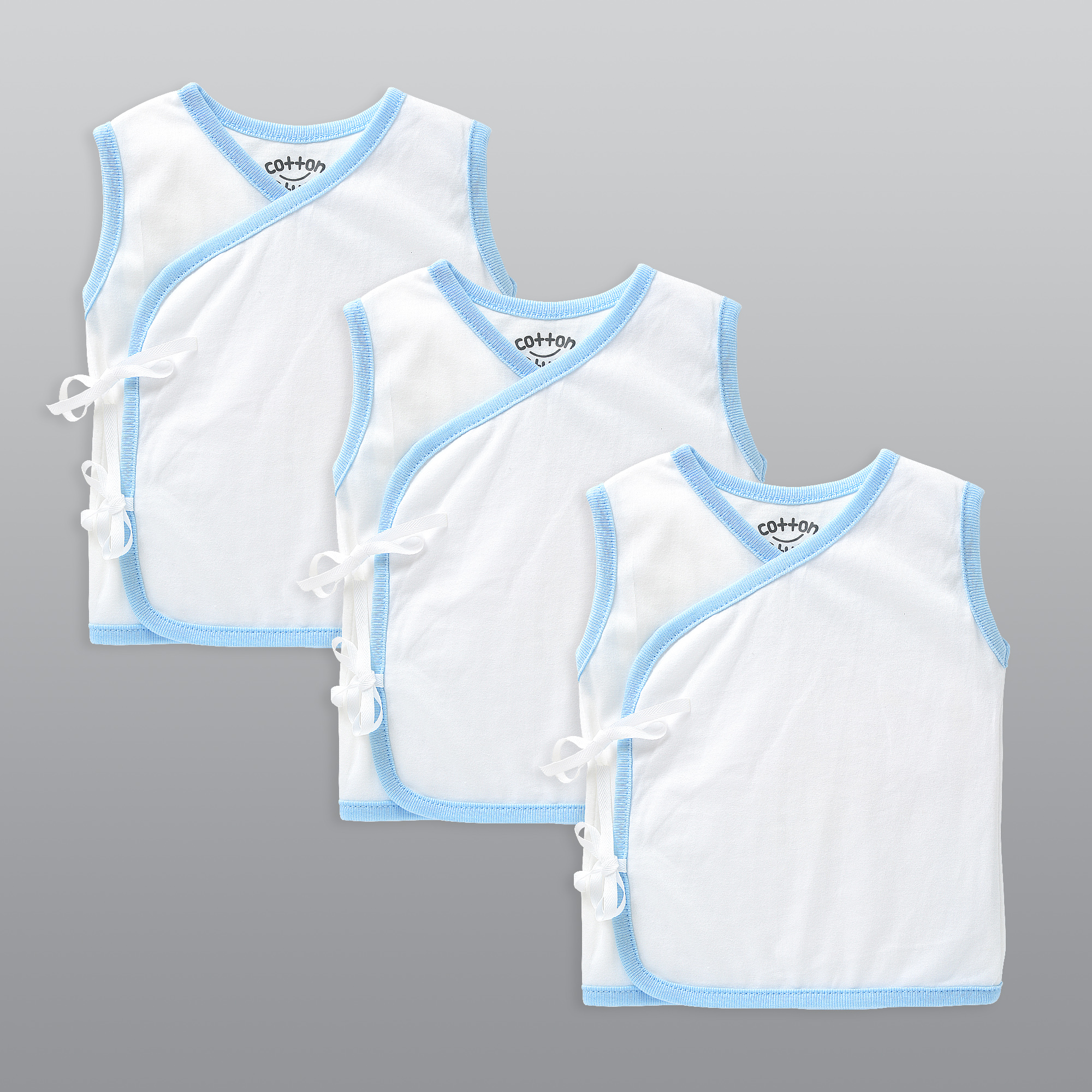 Cotton Stuff - 3-piece Sleeveless Tie-Side (White with Blue) - Cotton Stuff