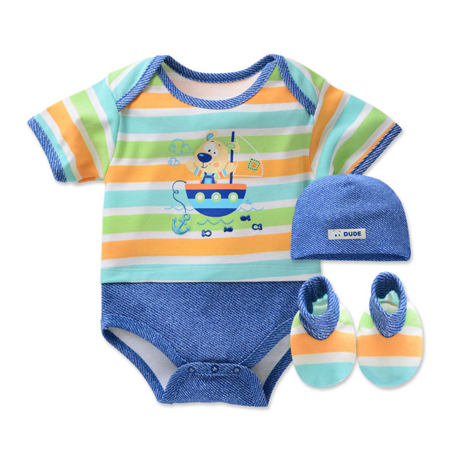Cotton Stuff - 3-piece Set - Short Sleeve Bodysuit, Cap, Booties (Cool ...